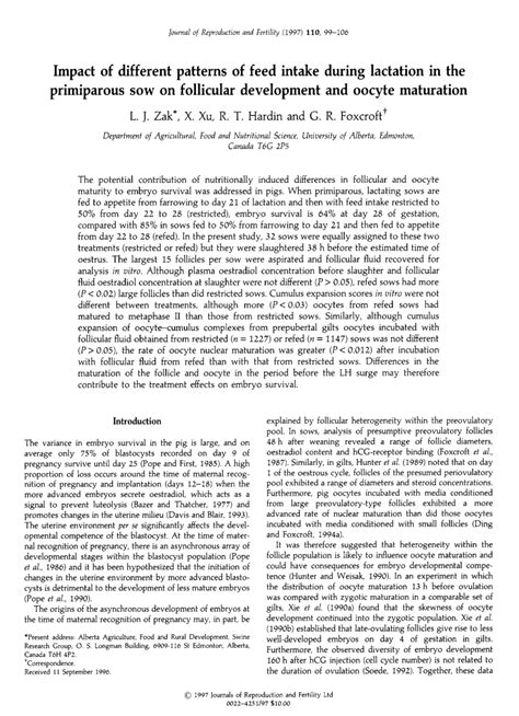Pdf Impact Of Different Patterns Of Feed Intake During Lactation In The Primiparous Sow On