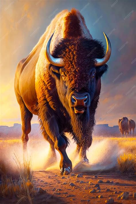 Premium Photo Bison Running Through Field With Other Bison In The Premium Photo Bison Running Through Field With Other Bison In The