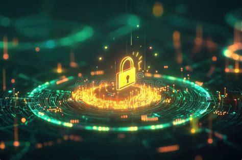 Digital Lock Icon Surrounded By Colorful Light And Data Circles In Cybersecurity Concept Stock