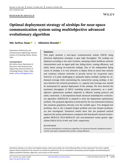 Optimal Deployment Strategy Of Airships For Near‐space Communication System Using Multiobjective