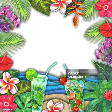 추상 여름 수채화 바다 물결 모래 해변 열 대 식물 모 히 토 칵테일 배경입니다 0명에 대한 스톡 벡터 아트 및 기타 이미지 0명 3차원 형태 공란 Istock