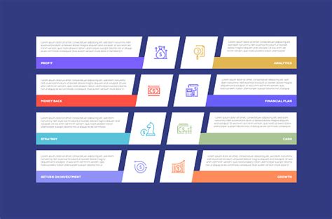 인포그래픽 디자인 템플릿입니다 이익 분석 환불 재무 계획 전략 현금 투자 수익률 8 가지 옵션 또는 단계가있는 성장 아이콘 0명에 대한 스톡 벡터 아트 및 기타 이미지