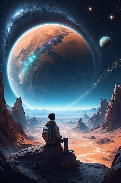 Man Sitting On Planet And Admiring View Of Space With Stars Created Using Generative Ai
