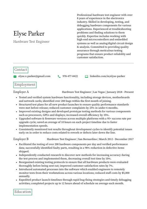 Hardware Test Engineer Resume Cv Example And Writing Guide