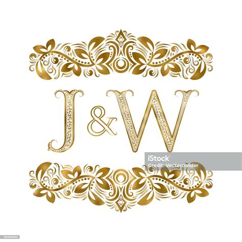 J와 W 빈티지 이니셜 기호입니다 문자는 장식 요소에 둘러싸여 있습니다 결혼식 또는 비즈니스 파트너 로얄 스타일의 모노 그램 고풍스런에 대한 스톡 벡터 아트 및 기타 이미지