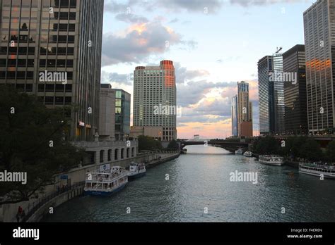 The Chicago River At Sunset Chicago Illinois United States North