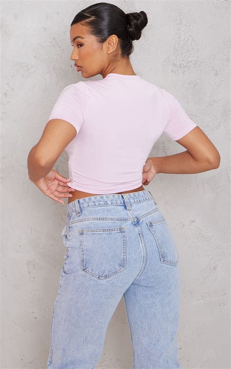 Basic Light Pink Slinky Short Sleeve Crop Top Tops