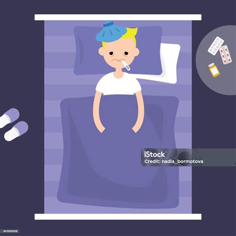 아래 누워 아픈 금발 소년 그의 머리에 담요는 얼음 팩 및 온도계 입 평면 편집 가능한 벡터 일러스트 레이 션 A형 인플루엔자 바이러스에 대한 스톡 벡터 아트 및 기타