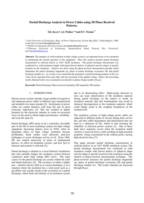 Pdf Partial Discharge Analysis In Power Cables Using 3d Phase Resolved Patterns