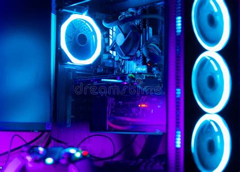 Glass Pc Case With Rgb Lighting And A Desk Stock Photo Image Of Night Horizontal