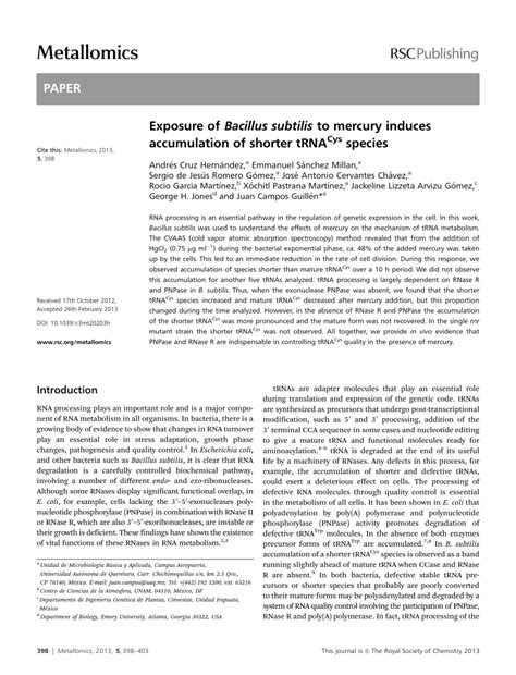 Pdf Exposure Of Bacillus Subtilis To Mercury Induces Accumulation Of