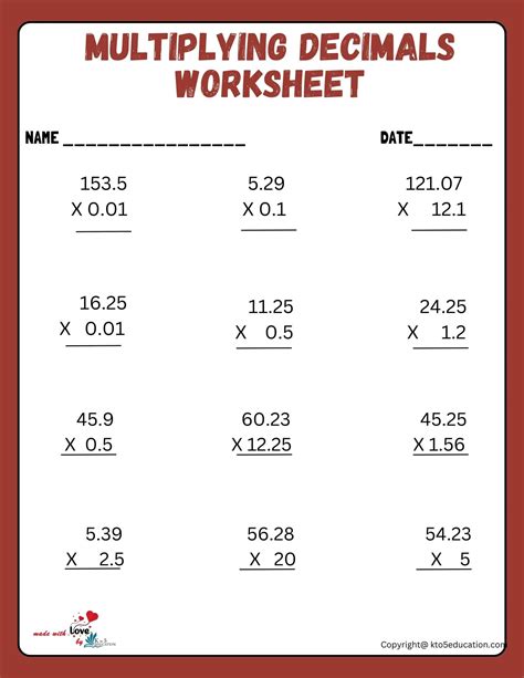 Multiplying Decimals Activity Worksheet