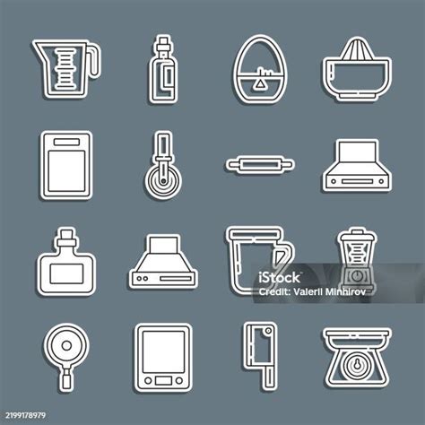 라인 저울 믹서기 주방 추출기 팬 타이머 피자 나이프 도마 계량 컵 및 롤링 핀 아이콘을 설정합니다 벡터 건강한 생활방식에 대한 스톡 벡터 아트 및 기타 이미지 Istock