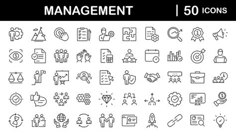선 스타일의 웹 아이콘의 비즈니스 관리 집합입니다 웹 및 모바일 앱에 대한 관리 아이콘입니다 미디어 팀워크 비전 미션 비즈니스 계획 전략 마케팅 벡터 그림 개념에 대한 스톡