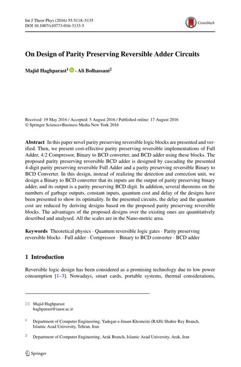 Pdf On Design Of Parity Preserving Reversible Adder Circuits