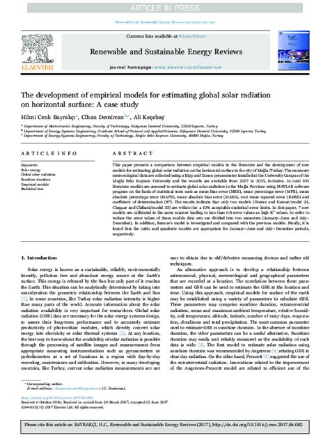 Pdf The Development Of Empirical Models For Estimating Global Solar Radiation On Horizontal