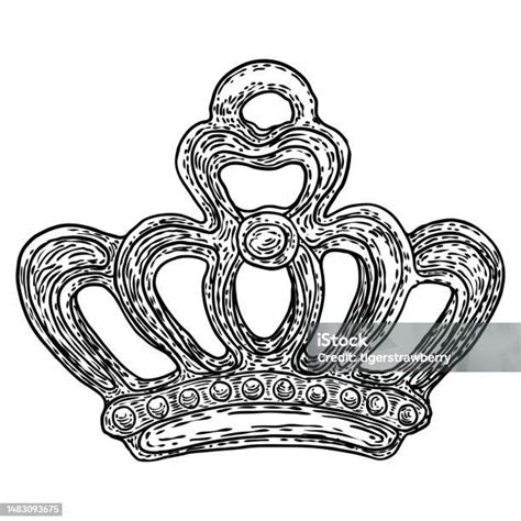 빈티지 에칭 스타일의 왕관 또는 여왕 왕과 왕비를위한 대관식 머리 장식 왕실 귀족 귀족 군주제 보석 왕관 군주 보석 보물 상징입니다 손 그리기 벡터입니다 개체 그룹에 대한