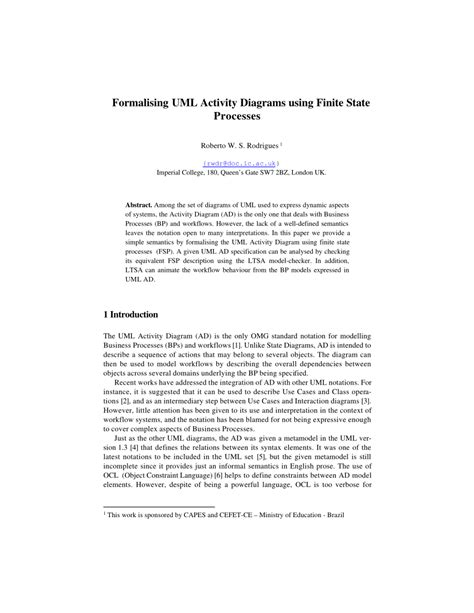 Pdf Formalising Uml Activity Diagrams Using Finite State Processes