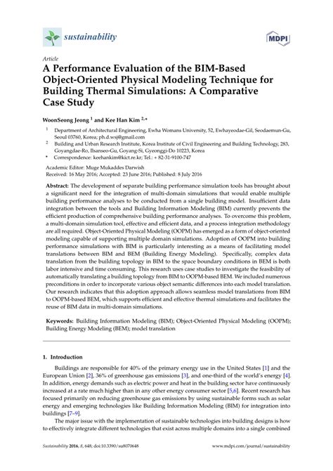 Pdf A Performance Evaluation Of The Bim Based Object Oriented Physical Modeling Technique For