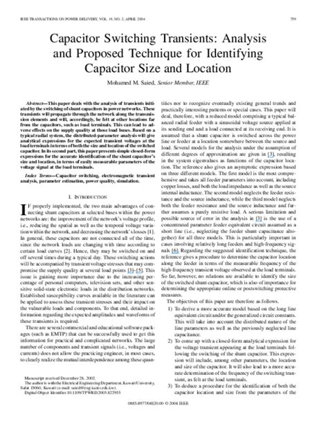 Pdf Capacitor Switching Transients Analysis And Proposed Technique For Identifying Capacitor