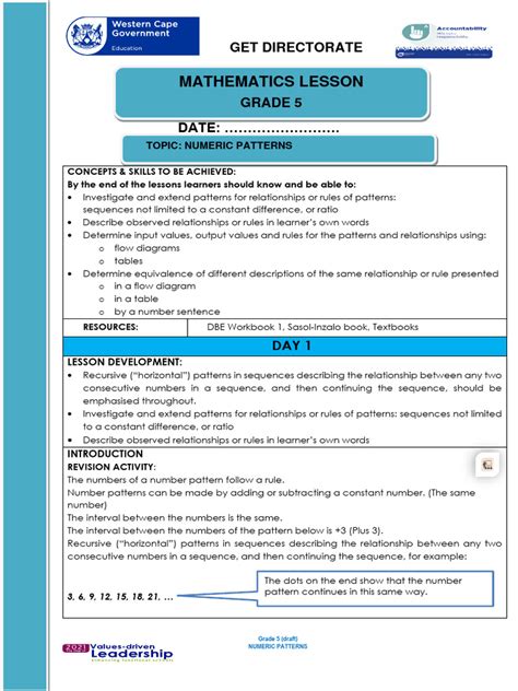 Lesson Plan Gr 5 Mathematics Term 2 Week 8 Numeric Patterns Pdf