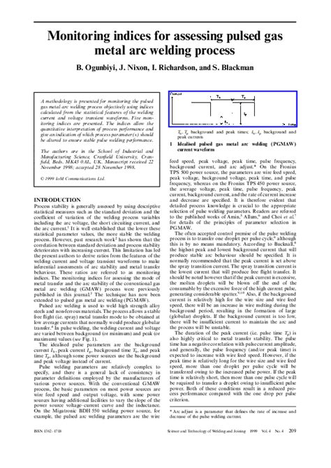 Pdf Monitoring Indices For Assessing Pulsed Gas Metal Arc Welding Process Ian M Richardson