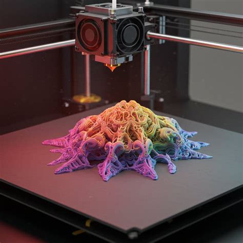 A 3d Printer Is In Action Creating A Complex Colorful Structure