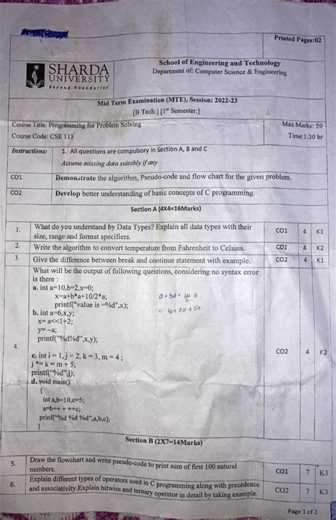 1st Year Mid Sem Compsci Branch Phymaths And Cse Paper Rbtechtards