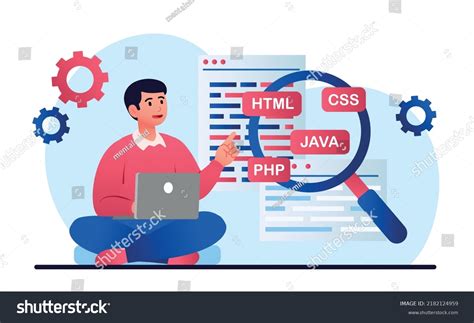 Programming Languages Concept Man Laptop Writes Stock Vector Royalty Free 2182124959