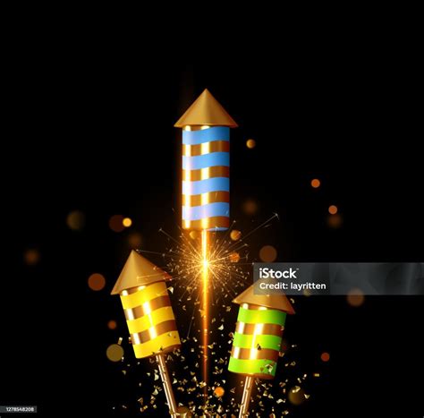 불꽃 놀이 세트 로켓 반짝이 색종이 축제 빛 반짝 반짝 플래시 불꽃 작품 폭죽으로 배경을 축하하십시오 휴일 현실적인 장식 3d 개체 벡터 일러스트레이션 불꽃놀이 오락 행사에