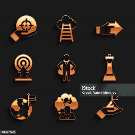 머리 사냥 깃발을 들고 있는 남자 산 체스 행성 표적 화살 손가락을 가리키는 손과 아이콘을 설정합니다 벡터 개념에 대한 스톡 벡터 아트 및 기타 이미지 Istock