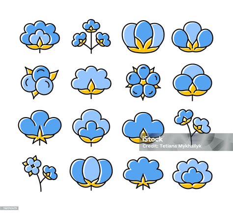 코 튼 플라워 Amp 볼 천연 에코 오가닉 직물 직물의 기호 및 로고 플랫 아이콘 세트입니다 벡터 일러스트레이션 목화 꼬투리에