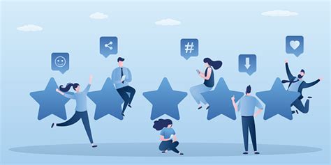 의상 검토 등급 개념입니다 5 성급 랭크와 행복한 사람들은 스마트 폰으로 리뷰와 피드백을 제공합니다 개념에 대한 스톡 벡터 아트