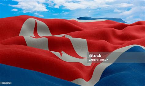 바람에 북한 국기 현실적이고 물결 모양의 직물 플래그 3d 렌더링 관광에 대한 스톡 사진 및 기타 이미지 관광 교육 기 Istock