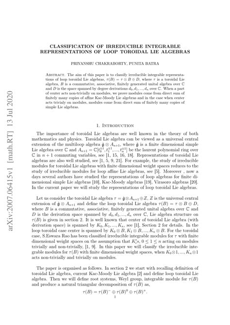 Pdf Classification Of Irreducible Integrable Representations Of Loop Toroidal Lie Algebras