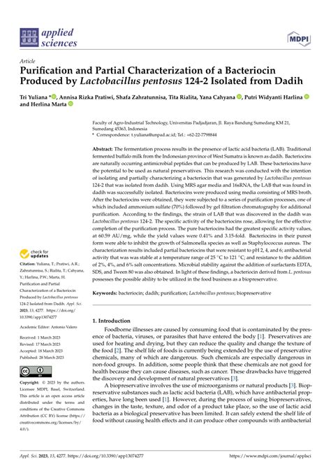 Pdf Purification And Partial Characterization Of A Bacteriocin Produced By Lactobacillus