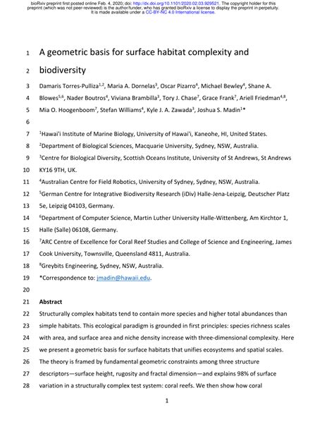 Pdf A Geometric Basis For Surface Habitat Complexity And Biodiversity