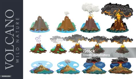 화산 분화 한 자 정도의 변화 또는 위험한 벌 컨 마그마 화산재와 화산 용암 산 벡터 일러스트 레이 션 아래로 흐르는 연기 비행기에서 인사를 깨우기의 집합 가루로 빻은에