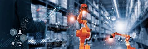 Industry Engineer In Factoryusing Smart Tablet Glass Devicecontrol Automated Robot Arm Machine