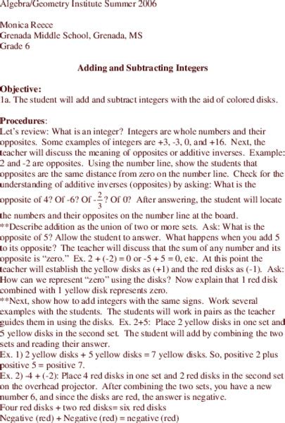 Adding And Subtracting Integers Lesson Plan For 6th 7th Grade Lesson Planet