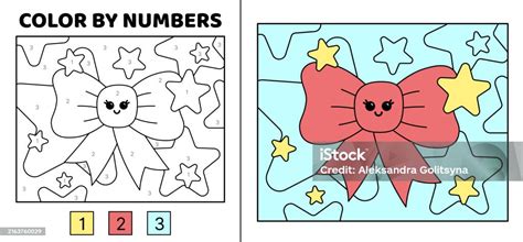 숫자로 색칠합니다 빨간 카와이이 활 색칠 공부 페이지 아이들을 위한 게임 만화 벡터 나비매듭에 대한 스톡 벡터 아트 및 기타