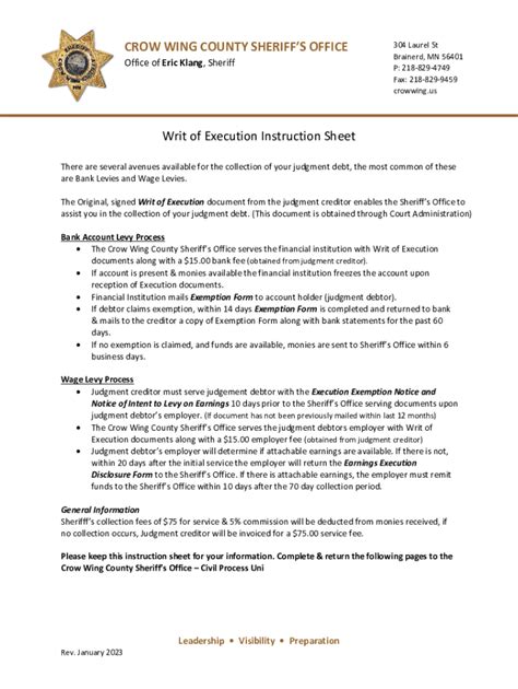 Fillable Online Writ Of Execution Instruction Sheet Fax Email Print
