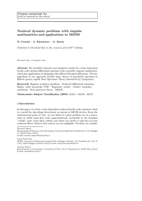 Pdf Nonlocal Dynamic Problems With Singular Nonlinearities And Applications To Mems