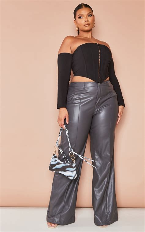 Plus Charcoal Faux Leather Seam Wide Leg Trousers Plus Size Plt Ire