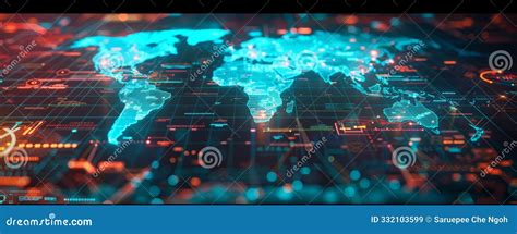 Futuristic Digital World Map With Glowing Data Points And Technological Grid Overlay Stock Image
