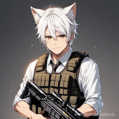 Silverhaired Man In Cat Ears Holding Rifle And Wearing Bulletproof Vest Ai Art Generator