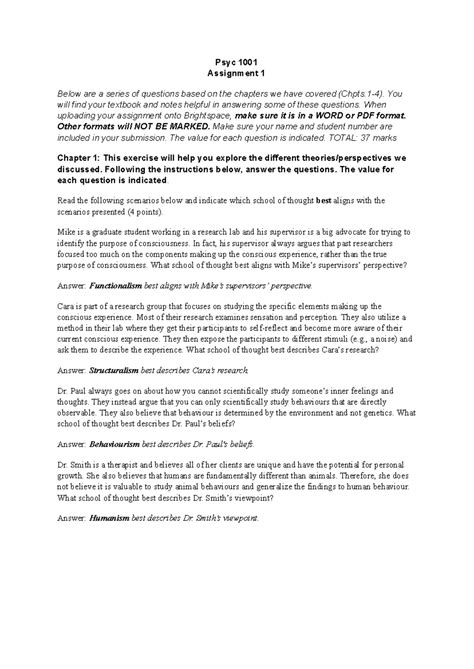 Assignment 1 Psyc Psyc 1001 Assignment 1 Below Are A Series Of Questions Based On The Chapters