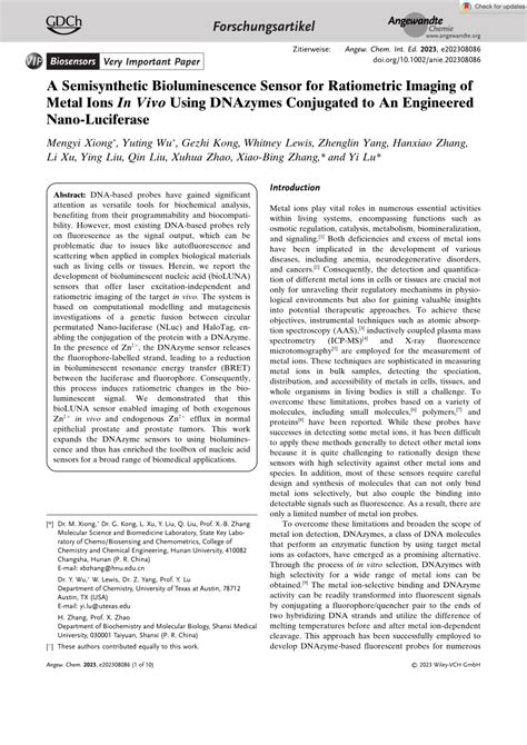 Pdf A Semisynthetic Bioluminescence Sensor For Ratiometric Imaging Of Metal Ions In Vivo Using
