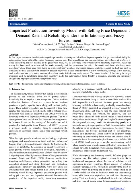 Pdf Imperfect Production Inventory Model With Selling Price Dependent Demand Rate And