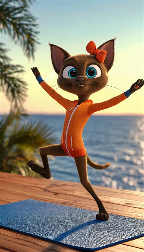 «С утречком тонкая сиамская кошечка Pixar в спортивном костюме делает … — картинка создана в